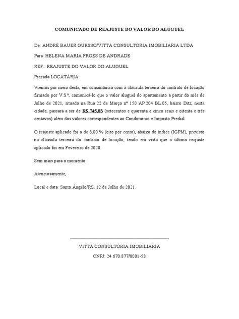 Modelo De Carta De Reajuste De Pre O Formato Word My Xxx Hot Girlmodelo