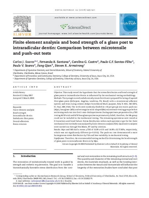 Pdf Finite Element Analysis And Bond Strength Of A Glass Post To