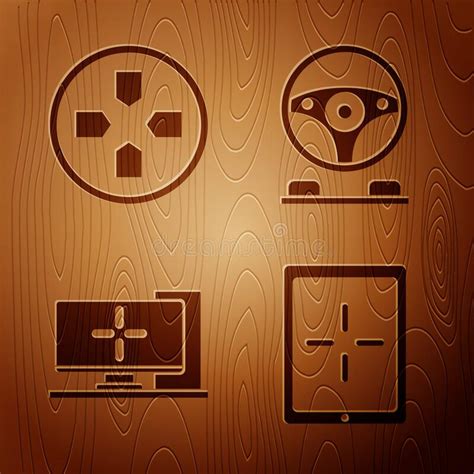 Set Tablet Gamepad Computer Monitor And Racing Simulator Cockpit On Wooden Background Vector