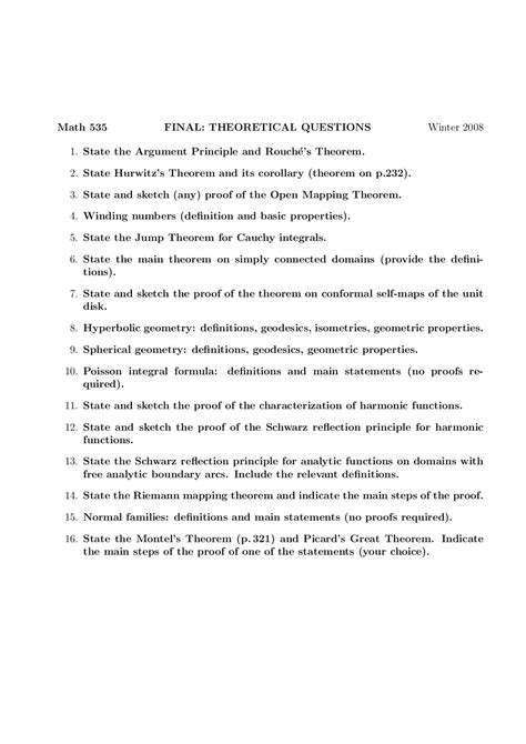 Theoretical Questions Final Exam Complex Analysis Math 535 Docsity