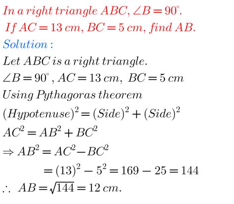 In A Right Triangle Abc Angle B 90° Ac 13 Cm Bc 5 Cm Find Ab Maths Glow