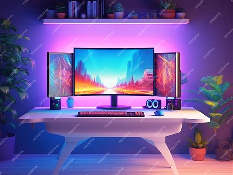 Premium Ai Image Modern Office Desk With Big Computer Screen Ai Generated