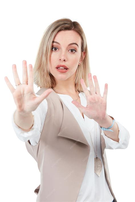 Premium Photo Hold On Stop Business Woman And Wait Sign Or Hand Gesture Looking Serious And