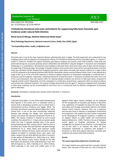 Pdf Application Of Trichoderma Harzianum And Essential Oils As Seed Dressing Against Charcoal