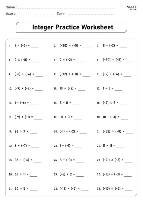 Integers Worksheets Math Monks