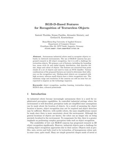 Pdf Rgb D Based Features For Recognition Of Textureless Objects