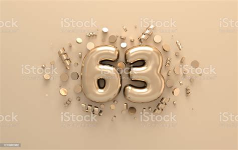 축제 색종이와 나선형 리본 황금 3d 번호 63 63 개의 적대 이벤트 파티를 축하하기위한 포스터 템플릿 3d 렌더링 0명에 대한 스톡 사진 및 기타 이미지 Istock