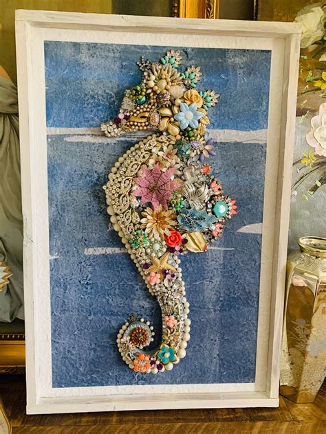 Jewelry Collage Art Sea Horse Assemblage Vintage Enamel Flower Brooch