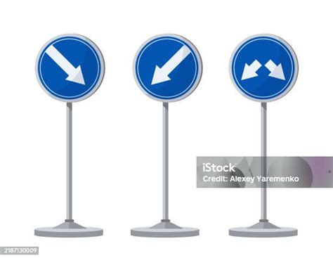 도로 공사 표지판입니다 화살표가 있는 파란색 도로 표지판 도로 및 고속도로에서의 안전 운전자 정보 표시 교통 법규 및 규칙 평면 벡터 일러스트 레이 션 개선에 대한 스톡