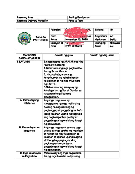 Ap G10 Q3 Lesson Plan On Gender And Sex Differences Studocu