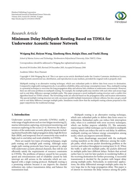 pdf minimum delay multipath routing based on tdma for underwater acoustic sensor network