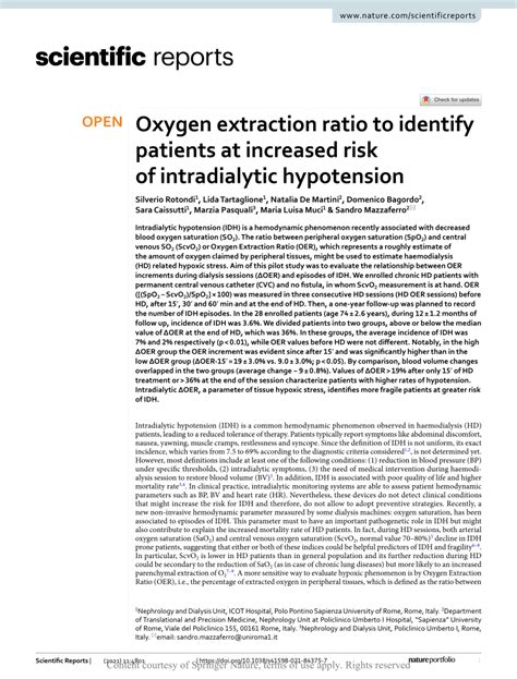 Pdf Oxygen Extraction Ratio To Identify Patients At Increased Risk Of Intradialytic Hypotension