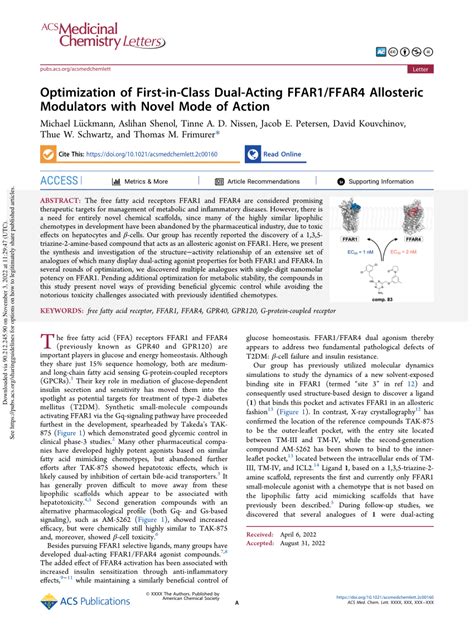 Pdf Optimization Of First In Class Dual Acting Ffar1 Ffar4 Allosteric Modulators With Novel