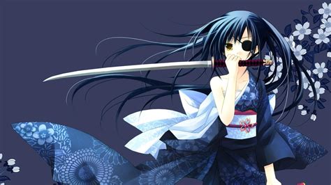 Аниме девочка в синем кимано с катаной · 1920x1080 Full Hd бесплатная фотография от Chappie