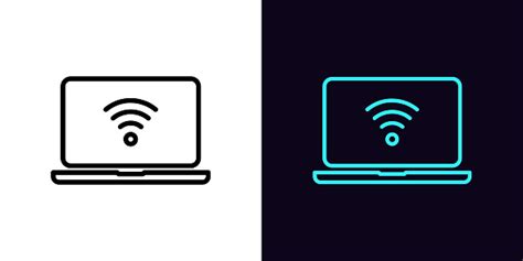 편집 가능한 획이 있는 윤곽선 노트북 아이콘입니다 와이파이 기호 인터넷 연결 픽토그램이 있는 노트북 화면 프레임 와이파이 신호 및 핫스팟 무선 인터넷 액세스 무료 와이파이