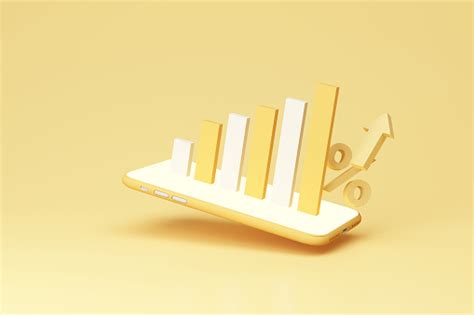 전화 화면의 큰 비율 기호 및 막대 차트와 금융 안정성과 성장의 개념의 디지털 돈과 노란색 배경에 텍스트를 입력하기위한 빈 공간 현실적인 3d 렌더링 차트에 대한 스톡 사진