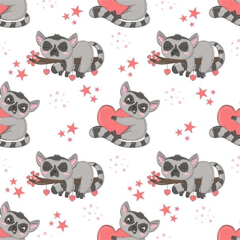 Premium Vector Seamless Pattern With Cute Lemurs For Valentines Day