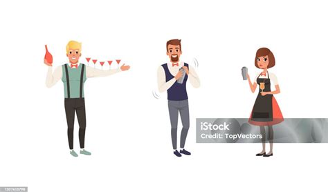 알코올 칵테일 세트를 준비하는 바멘 남성과 여성 바텐더 캐릭터 혼합 재료 만화 벡터 일러스트 바텐더에 대한 스톡 벡터 아트 및 기타 이미지 Istock