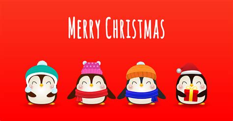 메리 크리스마스 새해 복 많이 받으세요 크리스마스 눈 장면 겨울 배너에 산타 모자가있는 귀여운 펭귄 그룹 빨간색 배경에 고립 된 크리스마스 휴가 개념 12월에 대한 스톡