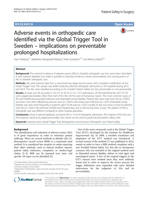 Pdf Adverse Events In Orthopedic Care Identified Via The Global Trigger Tool In Sweden
