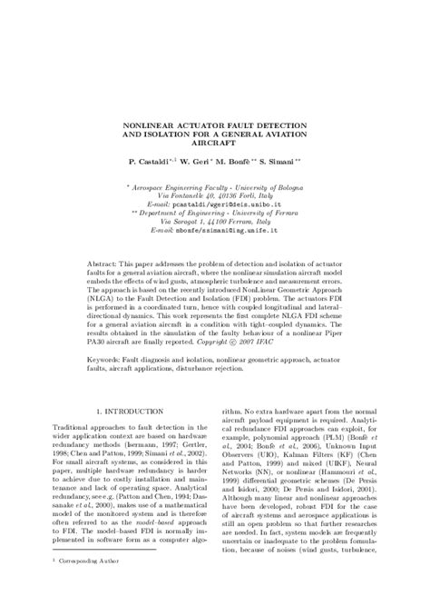 Pdf Nonlinear Actuator Fault Detection And Isolation For A Vtol Aircraft