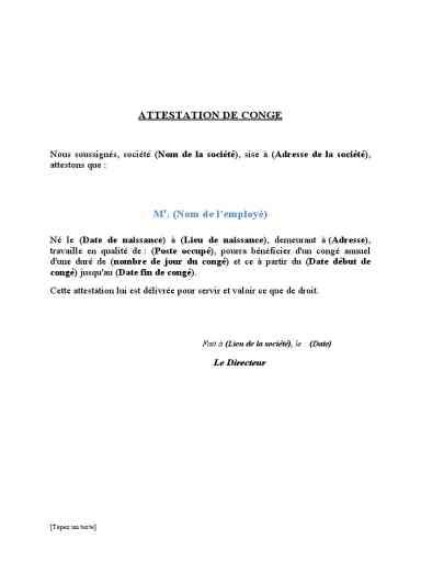 Modèle gratuit d attestation de congé en Word pour certificat de congés