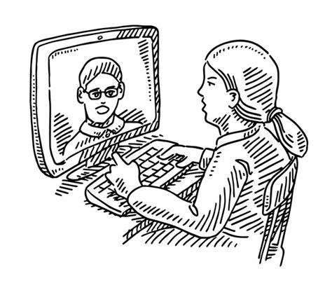 Premium Vector A Drawing Of A Woman Using A Computer With A Man On The Screen