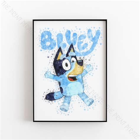 Bluey Jumping Bluey Character Watercolour Splash Wall Art Print The