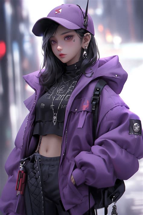 新中国风格时尚女孩紫色衣服走在街头赛博朋克风格陈曼摄影风格3D 又笨又聪明的一颗豆的文本出图 自由创作作品