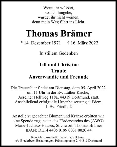 Traueranzeigen Von Thomas Brämer Trauer In Nrw De