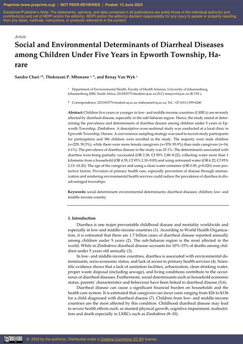 Pdf Social And Environmental Determinants Of Diarrheal Diseases Among