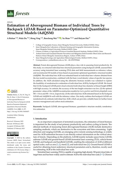 Pdf Estimation Of Aboveground Biomass Of Individual Trees By Backpack Lidar Based On Parameter