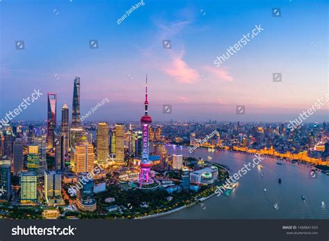 Aerial Panoramic View Of Shanghai Skyline At Nightchina Ad