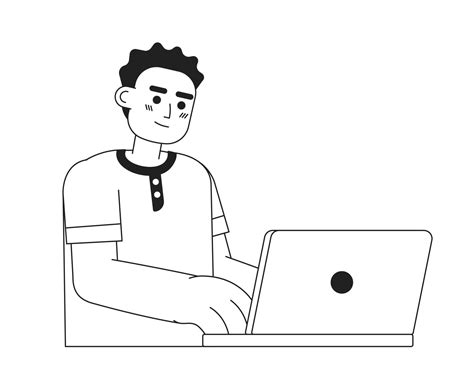 Programmer Typing On Laptop Monochromatic Flat Vector Character Linear Hand Drawn Sketch