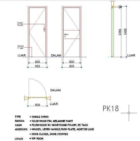 900 × 2400 Sized Single Swing Door Design Is Given In Autocad Drawing Cad File Dwg File