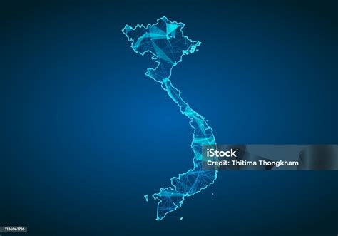 베트남의 지도와 어두운 배경의 추상 매쉬 라인과 포인트 스케일 베트남의 추상적인 네트워크 벡터 개념입니다 인터넷 및 연결 맵 배경입니다 삼각형 점 선 벡터입니다 베트남에