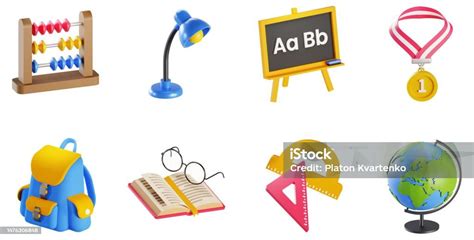 3d 학용품 세트 배낭 지구 지구 황금 메달 책상 램프 주판 칠판 세트 광장 교육 연구 문구 학교 항목 Ux Ui 웹 디자인