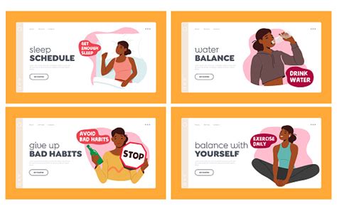 면역 랜딩 페이지 템플릿 세트를 강화하는 방법 여성 캐릭터 수면 요가 명상 매일 운동 음료 물에 대한 스톡 벡터 아트 및 기타 이미지 Istock