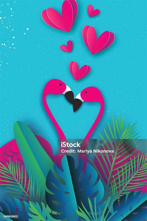 이국적인 새를 사랑 해요 플라밍고 커플입니다 아름 다운 핑크 새입니다 열 대는 정글 종 려 나뭇잎 종이 마음 컷과 사랑 낭만적인 초대 카드입니다 해피 발렌타인 데이 하루