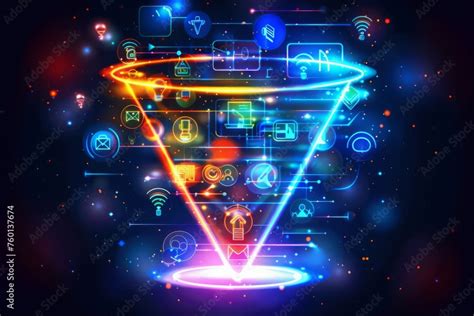 Big Data Technology And Information Funnel Concept Large Digital Funnel With Online Data As