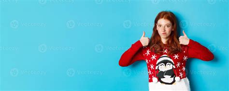 Winter Holidays And Christmas Eve Concept Impressed Redhead Girl In