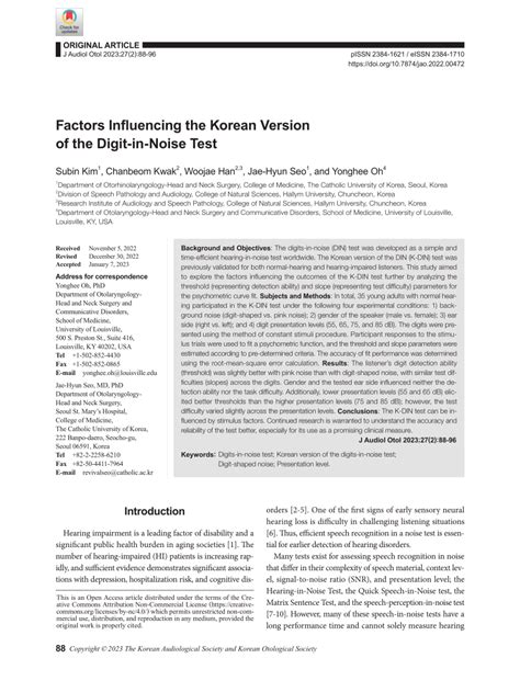 Pdf Factors Influencing The Korean Version Of The Digit In Noise Test