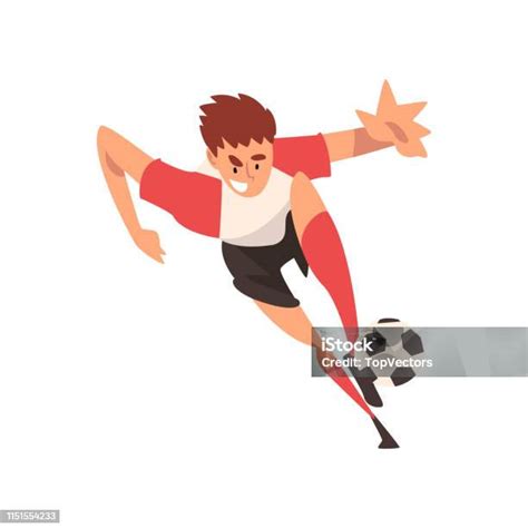 축구 선수 킥 공 유니폼 훈련 및 연습에서 축구 선수 문자 전면 보기 벡터 일러스트 레이 션 놀기에 대한 스톡 벡터 아트 및