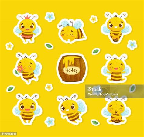 귀여운 꿀벌 스티커 바쁜 곤충과 냄비 벡터 세트에 천연 달콤한 음식 여왕벌에 대한 스톡 벡터 아트 및 기타 이미지 여왕벌 0명 개체 그룹 Istock