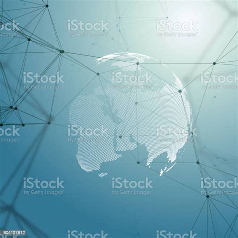 파란색 배경에 세계 세계입니다 글로벌 네트워크 연결 추상적인 기하학적 설계 기술 디지털 개념 화학 패턴 분자 구조 연결 라인 및