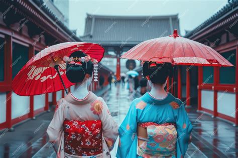 Premium Photo Two Geishas Wearing Traditional Japanese Kimono Among