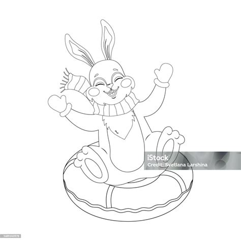 색칠하기 책을 위한 귀여운 토끼 토끼는 스노우 튜빙에서 미끄러집니다 흑백 색칠하기 페이지 격리된 벡터 윤곽선 그림입니다 아동 교육 0명에 대한 스톡 벡터 아트 및 기타