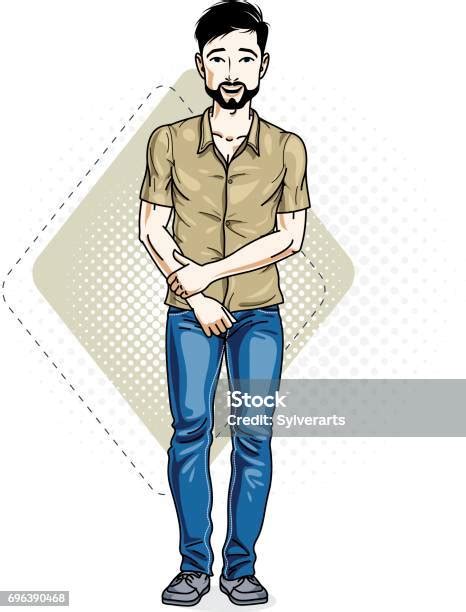 잘생긴 Brunet 젊은 남자 서 수염과 세련 된 캐주얼 옷을 입고 수염을 가진 남자의 벡터 그림 T 셔츠에 대한 스톡 벡터 아트 및 기타 이미지 Istock