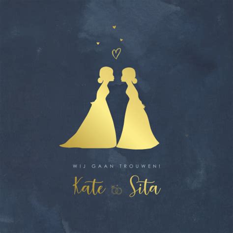 Trouwkaart Vierkant Same Sex Kussend Silhouet Vrouwen