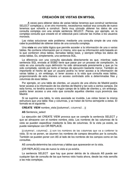 CreaciÓn De Vistas En Mysql Pdf Sql Informática